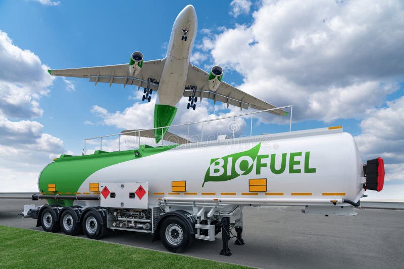 Airplane and Biofuel Tank Trailer. New Energy Sources Stock Photo ...