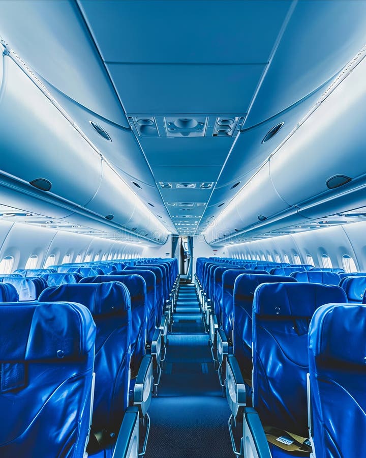 An Airplane with Blue Seats and a White Ceiling Stock Photo - Image of ...