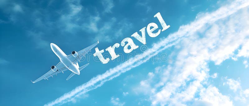 Airplane in Blue Sky with Contrails and Travel Text Stock Illustration ...