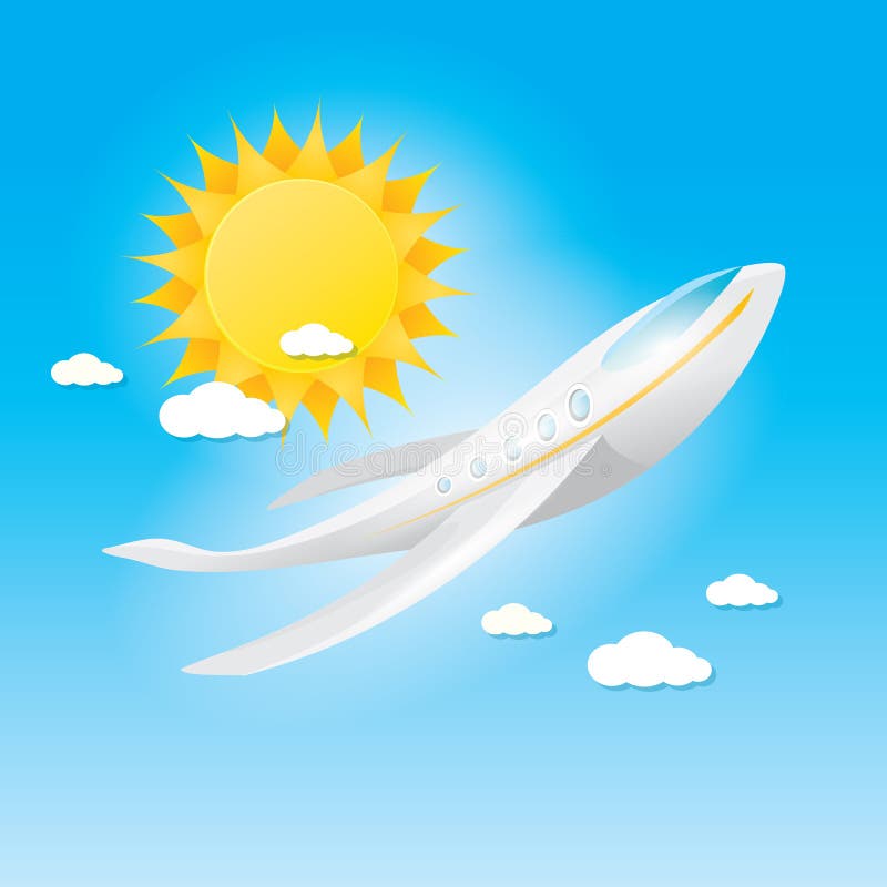 Airplane in Blue Sky with Sun and Clouds. Stock Vector - Illustration ...