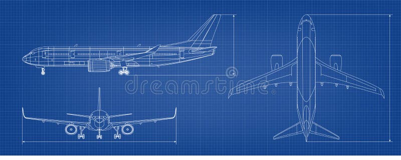 Airplane Blueprint. White Outline Aircraft on Blue Stock Image - Image ...