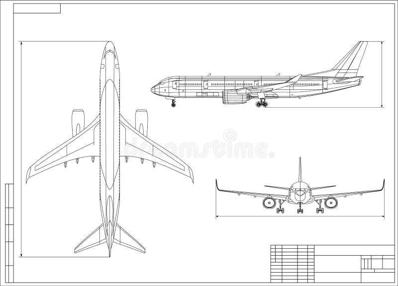 Airplane Blueprint. White Outline Aircraft on Blue Stock Vector ...