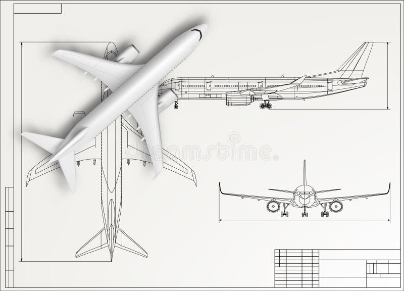 Airplane Blueprint. White Outline Aircraft on Blue Stock Vector ...