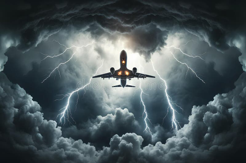 Airplane with Burning Lights Flying through a Thunderstorm Stock ...