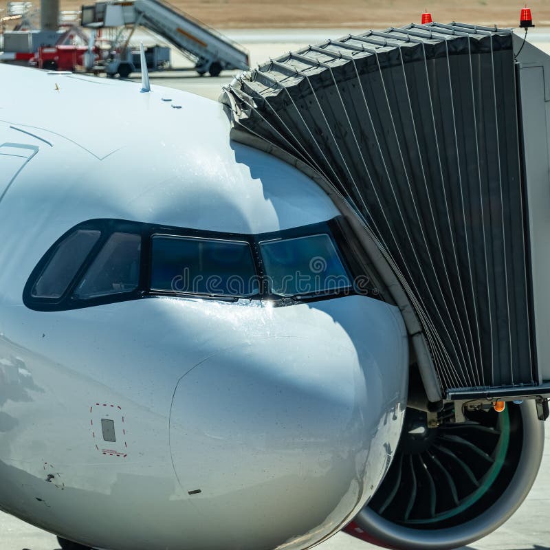 Airplane Cabin in Close-up with Passengers Access Boarding Bridge ...