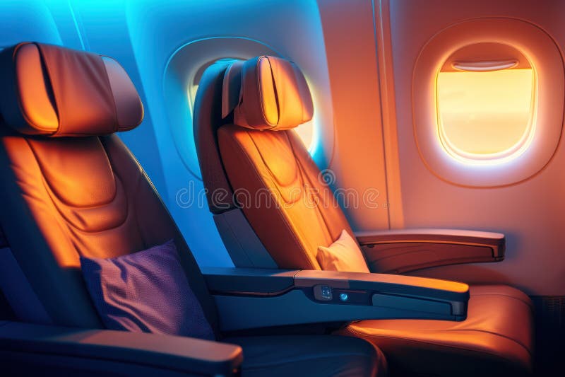 Airplane Cabin with Comfortable Leather Seats, Ambient Lighting, and a ...