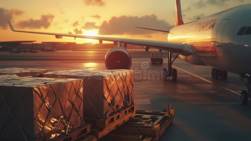 Airplane Cargo Loading at Sunset, Freight Pallets on Tarmac, Warm Glow ...