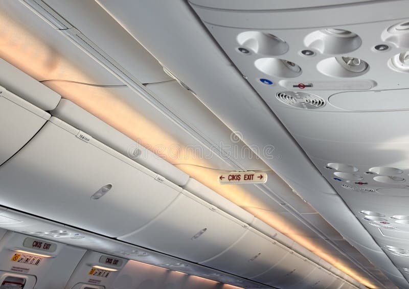 Airplane Ceiling Panel with Lights and Air Vents. Passenger Comfort ...