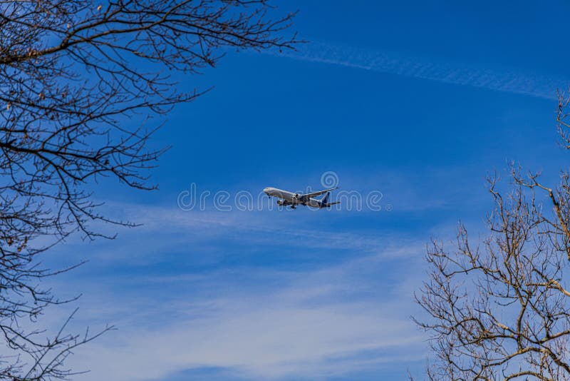 Airplane in Clear Blue Sky Framed by Tree Branches. Stock Image - Image ...