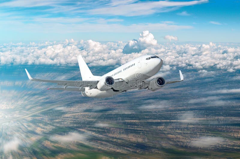 Airplane Climb Gains Altitude at Speed in Motion Blur Above Sky Clouds ...