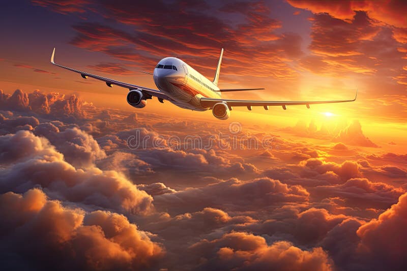 Airplane In The Clouds At Sunset 3d Render Illustration Commercial