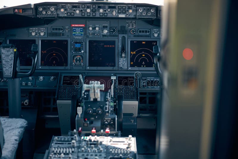 Airplane Cockpit with Control Column and Flight Displays Stock Image ...