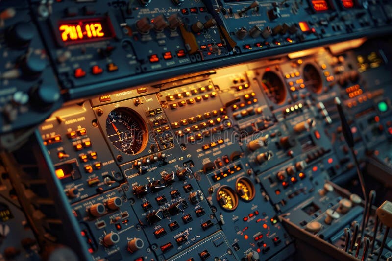 Airplane Cockpit Control Panel with Illuminated Instruments Showing ...