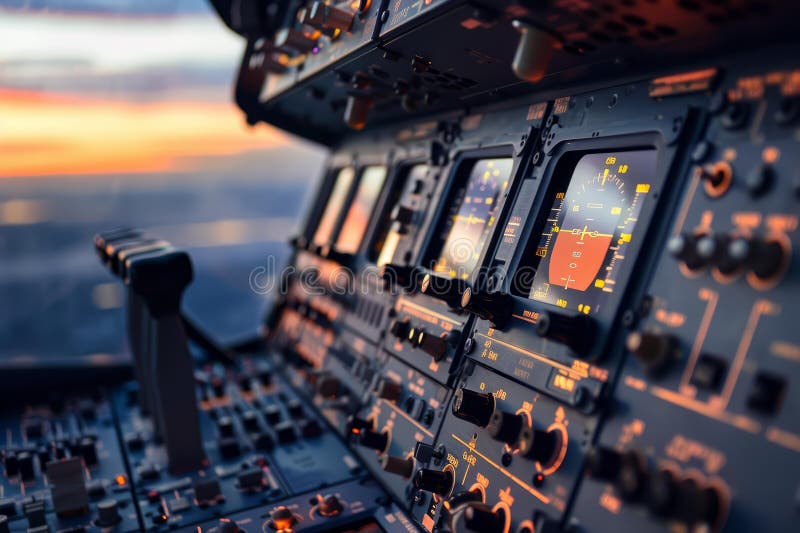 Airplane Cockpit Control Panel Showing Sunset Outside Window Stock ...