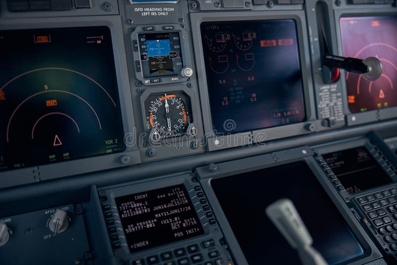 Airplane Cockpit with Control Column and Flight Displays Stock Image ...