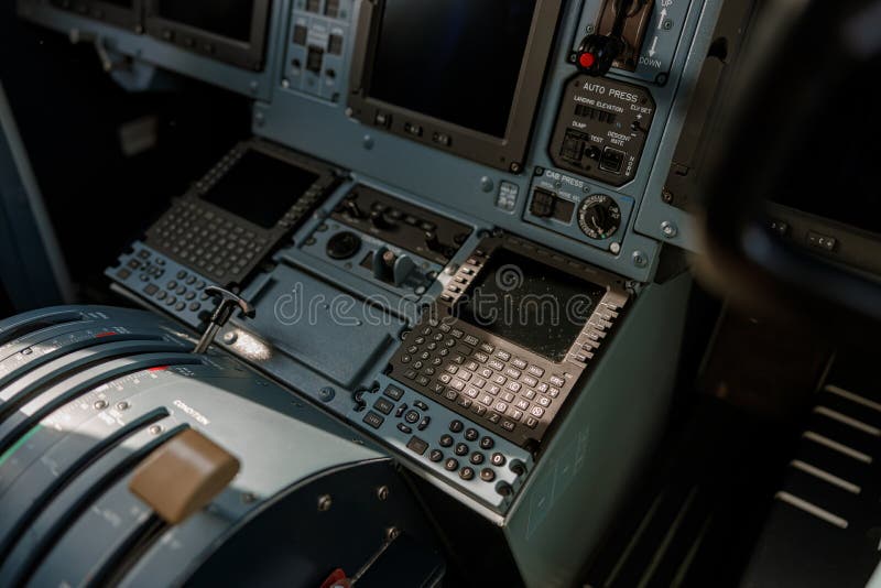 Airplane Cockpit with Flight Displays, Switches and Knobs Stock Image ...
