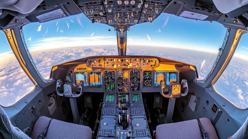 Airplane Cockpit Flying Above a Layer of Clouds at Sunset Stock Photo ...