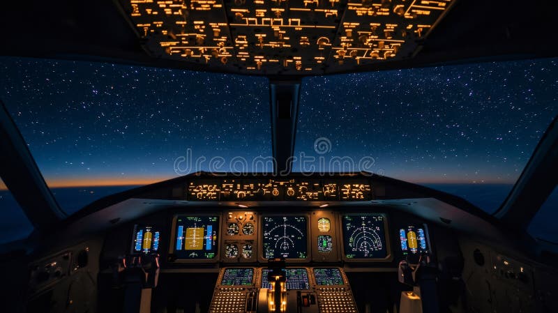 Airplane Cockpit Flying at Night Under a Starry Sky Stock Image - Image ...