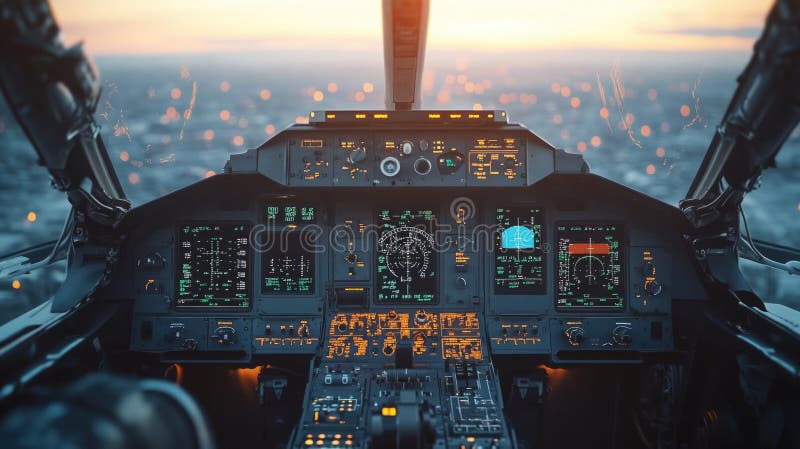 Airplane Cockpit with Illuminated Controls and Instrument Panels during ...