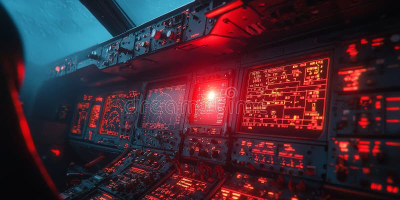 Airplane Cockpit Illuminated by Red Warning Lights during Night Flight ...