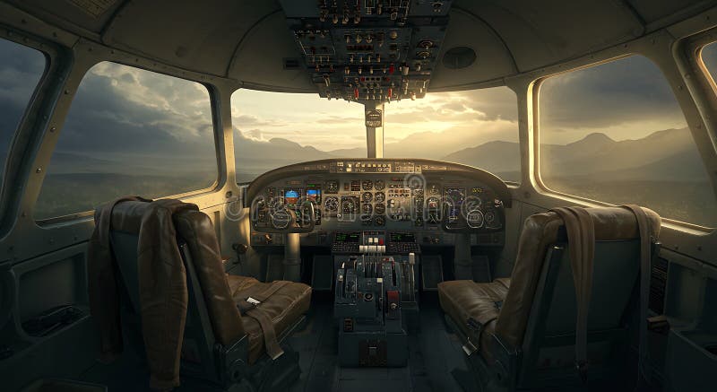 Airplane Cockpit Interior with Sunset Views through the Windshield ...