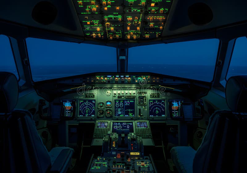Airplane cockpit at night stock illustration. Illustration of airplane ...
