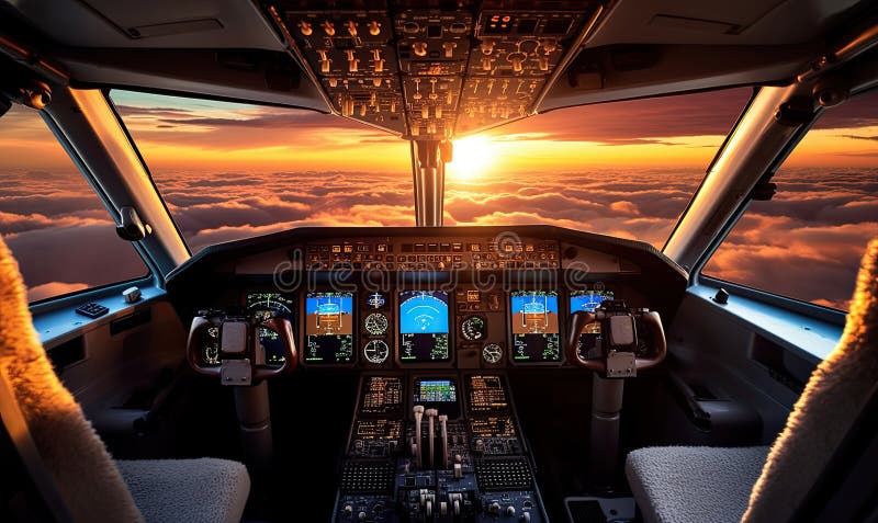 Airplane Cockpit at Sunset with Pilot S View of the Setting Sun Stock ...