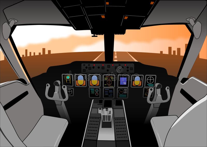 Airplane Cockpit Vector with Golden Sky View Stock Illustration ...