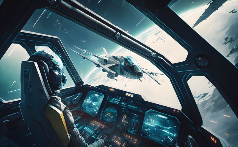 Airplane Cockpit View during Intergalaxy Journey Flight or Spaceship ...