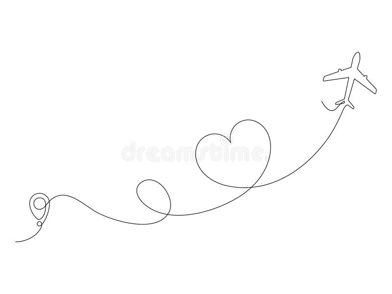 Airplane Continuous Line Drawing with Map Pin Pointer in Heart Shape ...