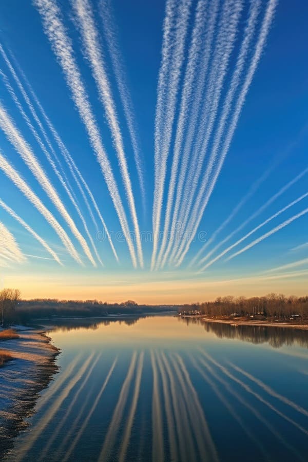 Airplane Contrails Creating Patterns in a Clear Sky Stock Illustration ...