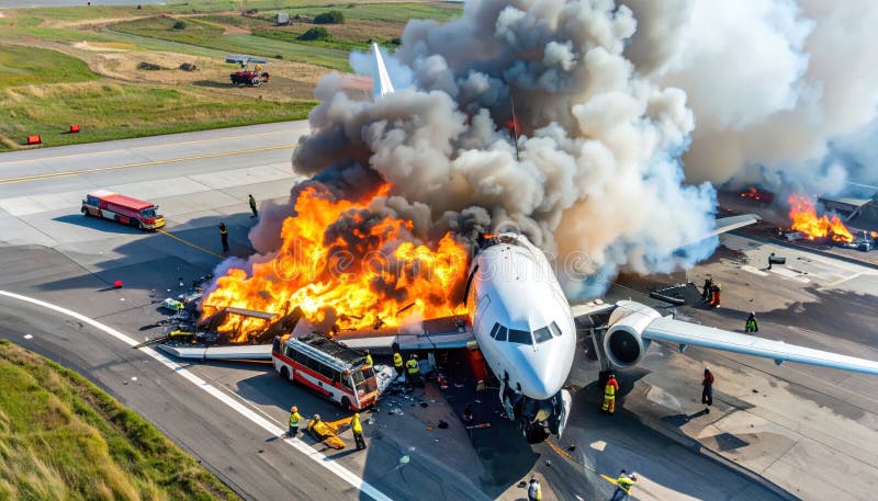 An Airplane Crashed and is on Fire on the Runway, Emergency Services ...