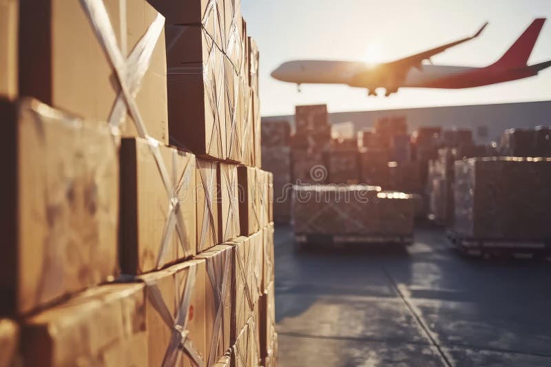 Airplane Departing Overloading Cargo at Logistics Warehouse Sunset ...