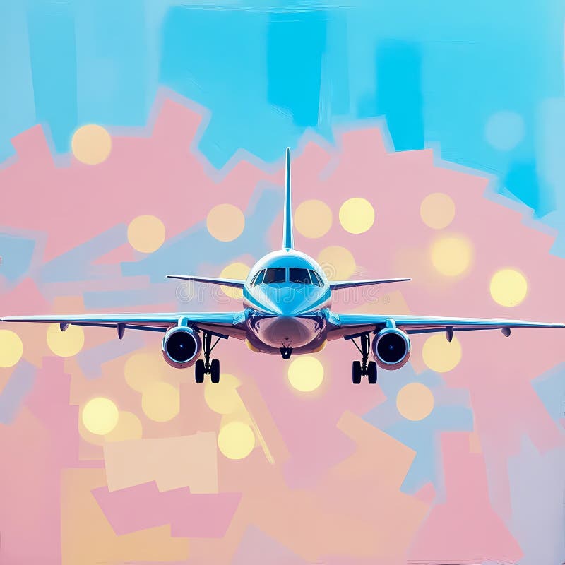 Airplane Approaching Landing with Colorful Background Lights during ...