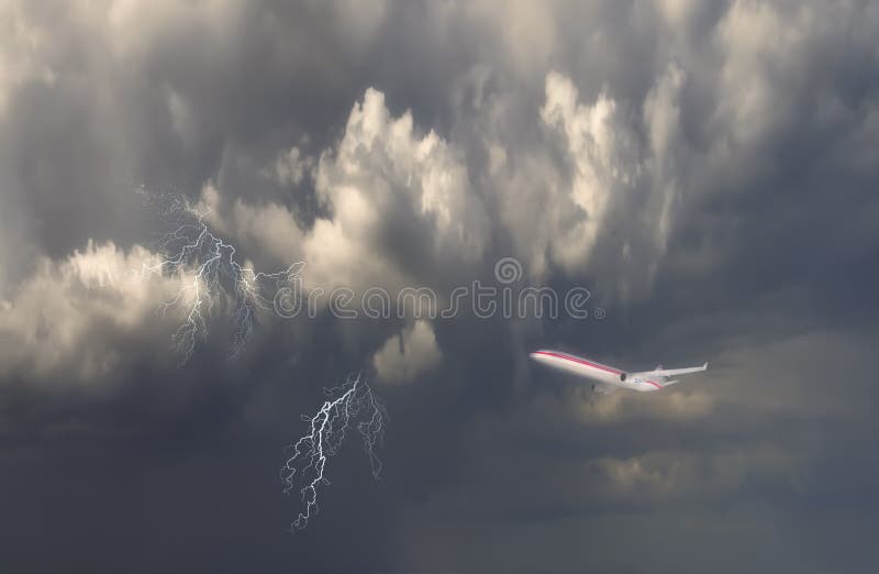 Airplane with Dramatic Sky and Lightning Flying at Bad Weather Stock ...