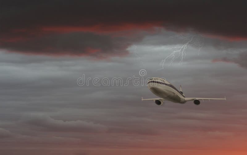 Airplane with Dramatic Sky and Lightning, Flying at Bad Weather Stock ...