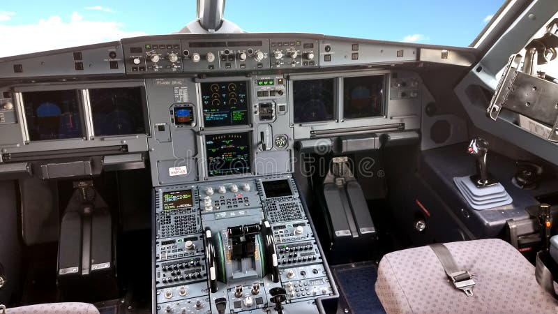 Airplane Empty Cockpit with Levers, Buttons and Screens Stock Image ...