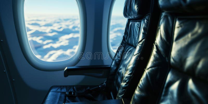 Airplane Empty Window Seat in a Business Class . Sky View on White-blue ...