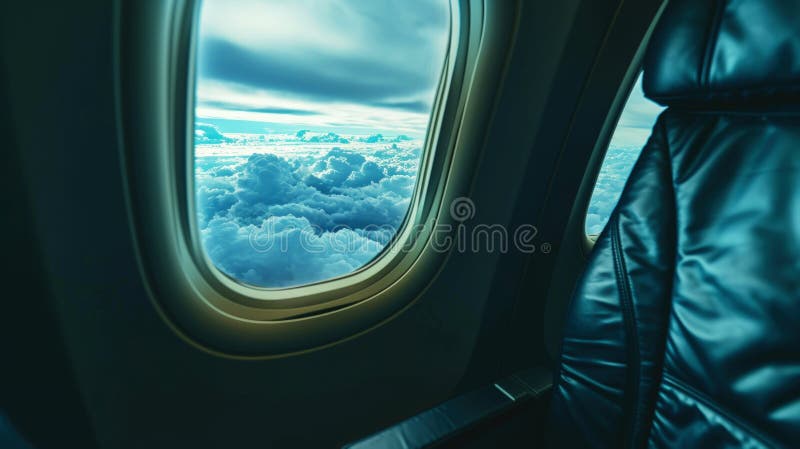 Airplane Empty Window Seat in a Business Class . Sky View on White-blue ...