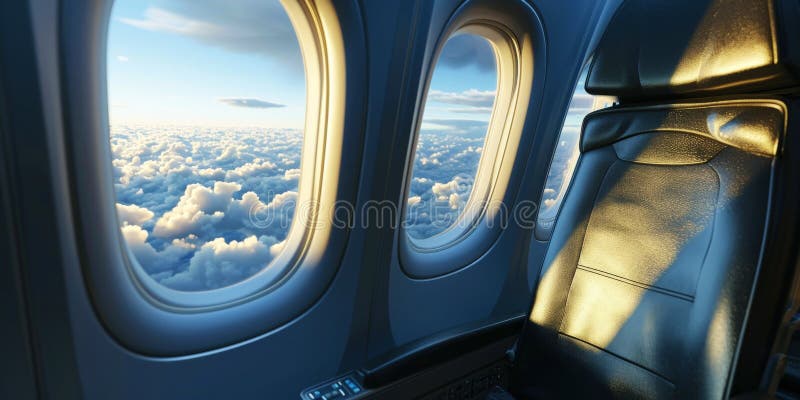 Airplane Empty Window Seat in a Business Class . Sky View on White-blue ...