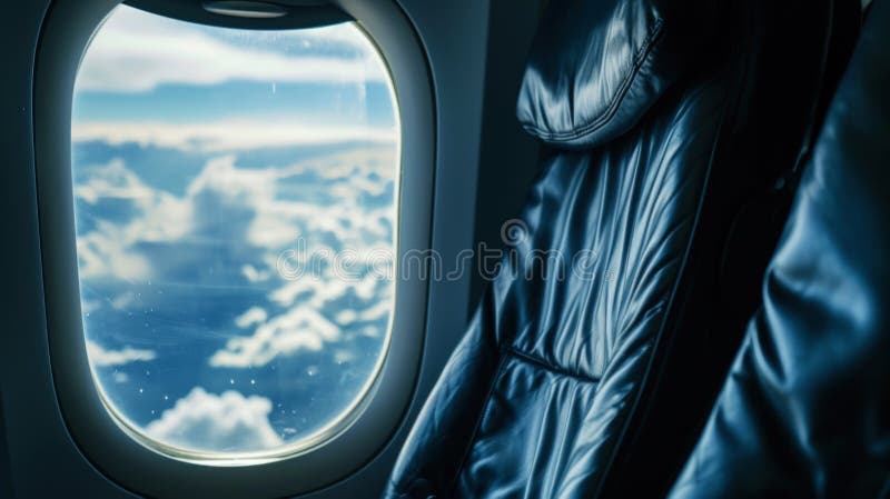 Airplane Empty Window Seat in a Business Class . Sky View on White-blue ...