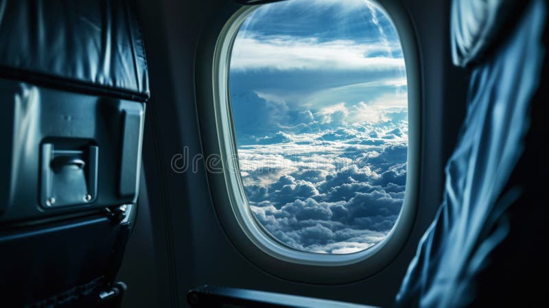 Airplane Empty Window Seat in a Business Class . Sky View on White-blue ...