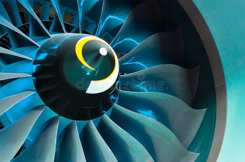 Airplane Engine and Blades with Blue Backlight Illumination Close Up ...