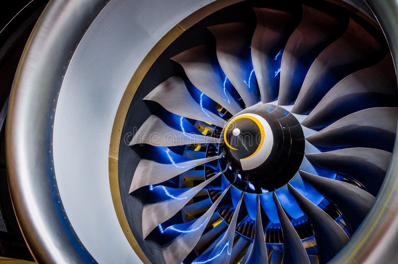 Airplane Engine and Blades with Blue Backlight Illumination Close Up ...