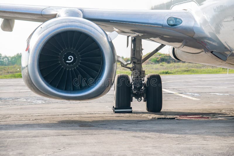 Airplane Engine Close-up on the Runway of the Airport Stock Image ...