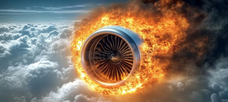 Airplane Engine Engulfed in Flames during Flight, Highlighting Aviation ...