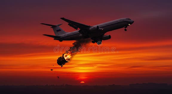 Airplane Engine Failure with Fiery Explosion Against Vivid Sunset Sky ...