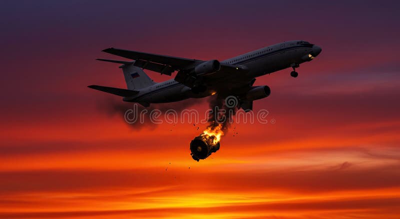 Airplane Engine Failure during Flight with Fire and Smoke at Sunset ...