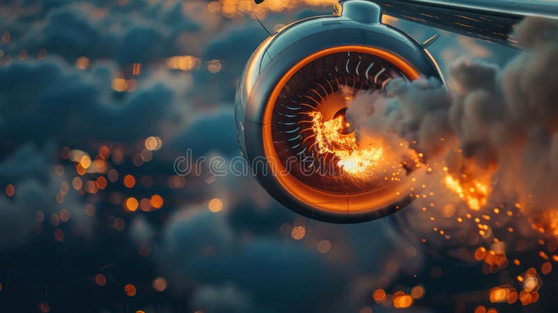 Airplane Engine on Fire Amidst Dramatic Clouds Stock Illustration ...