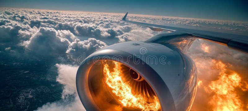 Airplane Engine on Fire during Flight. Smoke and Flames Erupt from an ...